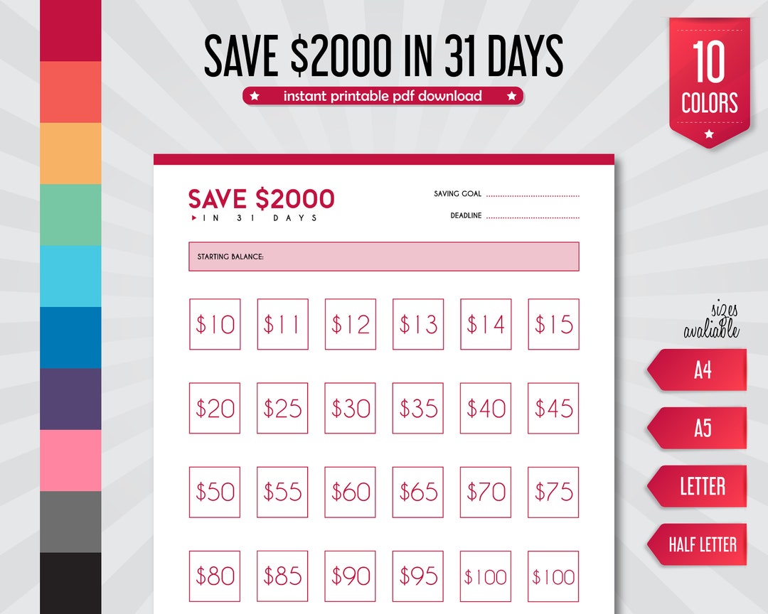 Save 2000 in 31 Days, Savings Log, Savings Fund, Savings Challenge ...