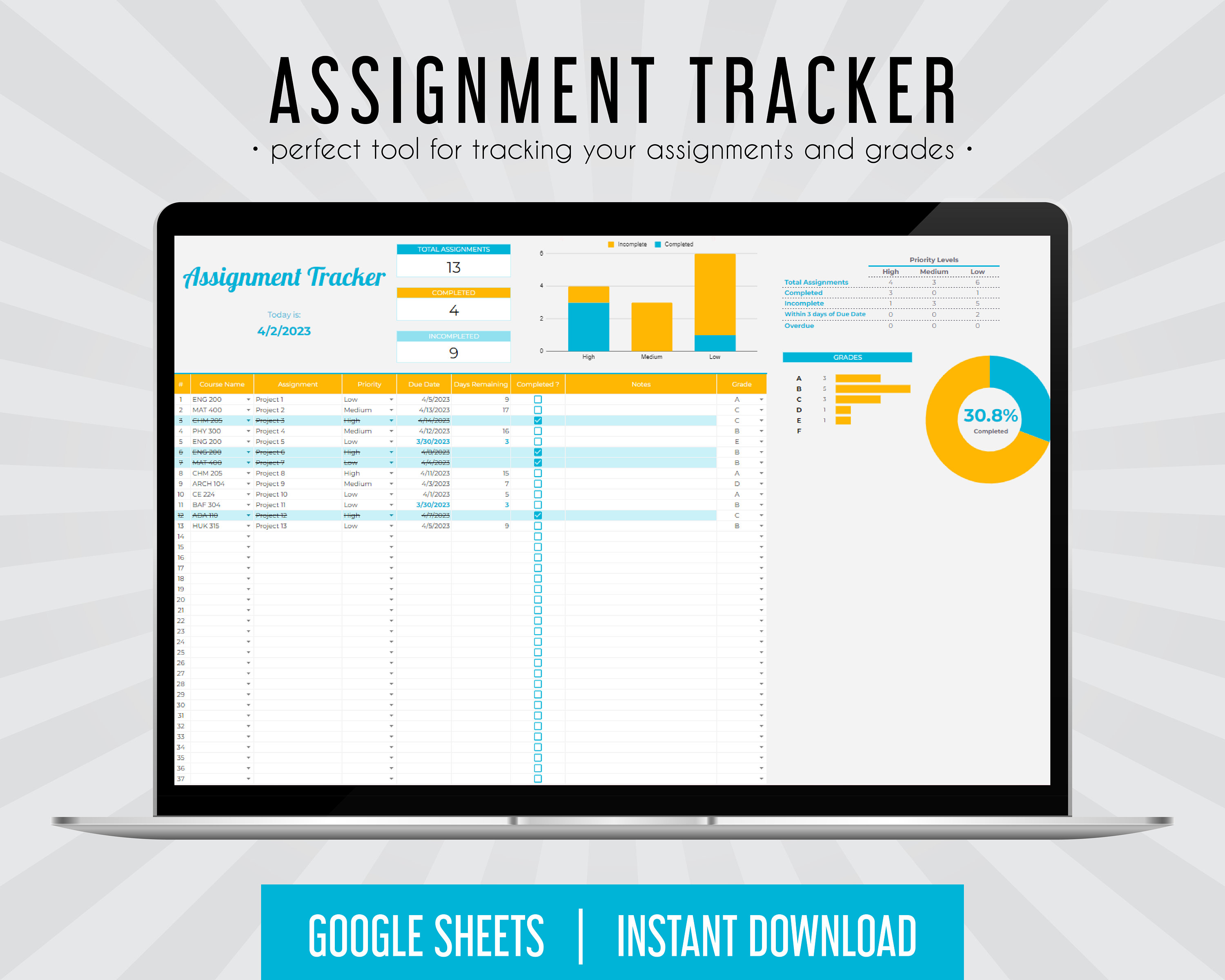 School Spreadsheet, School Tracker, Google Sheets, Grade Tracker ...