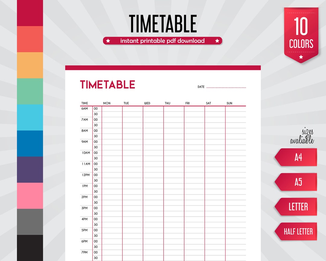 Timetable, Study Planner, Half Hour Timetable, Study Schedule, Hourly ...