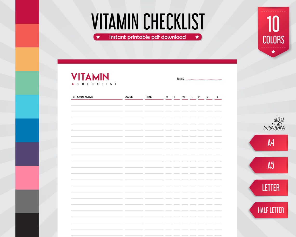 Supplement List, Nutrient Tracker, Vitamin Log, Health Checklist ...