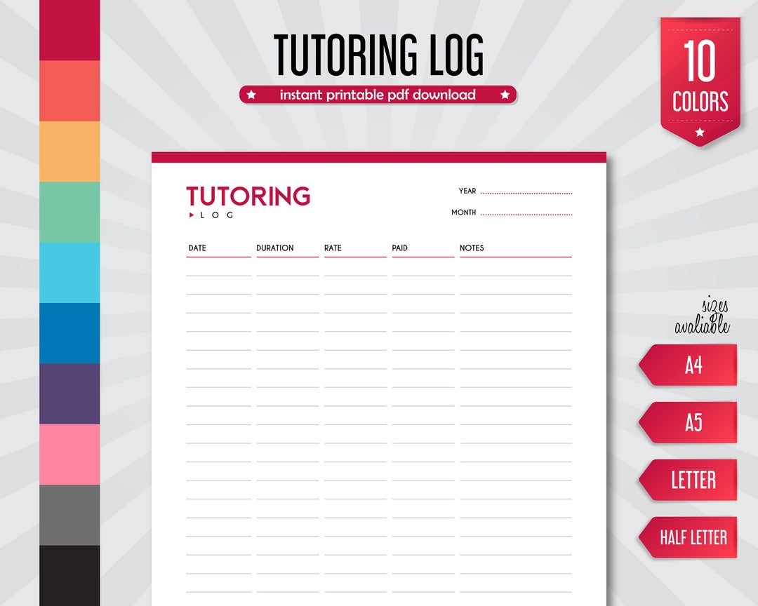 Tutoring Log, Printable Hours Log, Time Log Printable, Tutoring Income ...