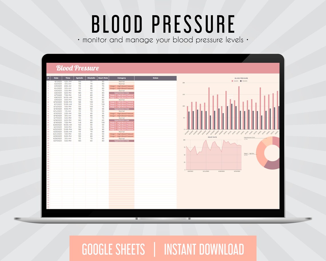 Blood Pressure Log Health Monitoring Medical Spreadsheet Bp - Etsy
