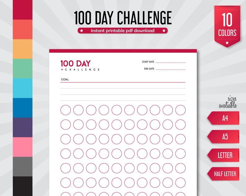 100 Day Challenge, Challenge Tracker, Fitness Challenge, Digital ...