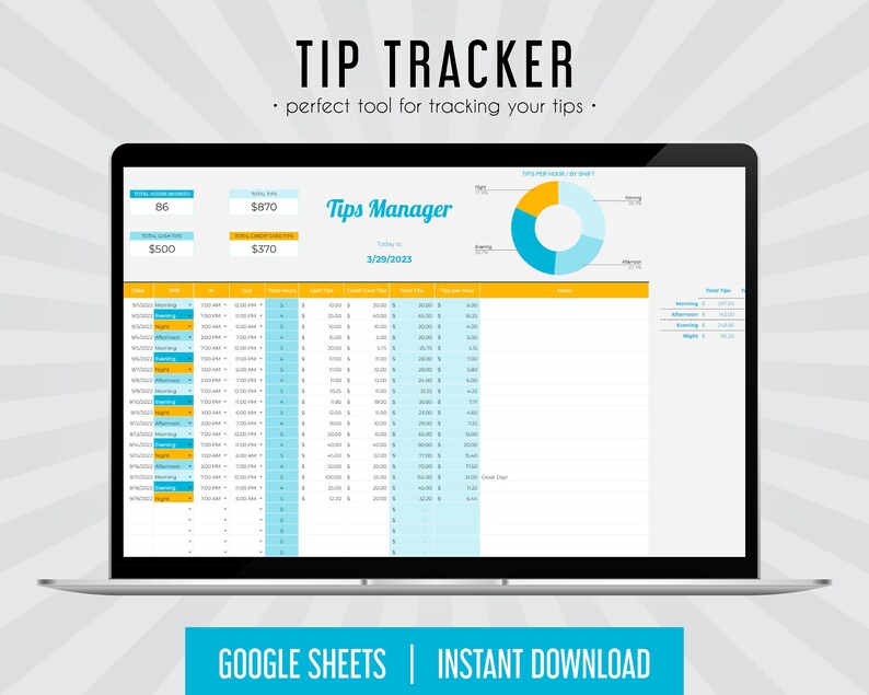 Tip Tracker, Tip Spreadsheet, Google Sheets, Income Spreadsheet ...