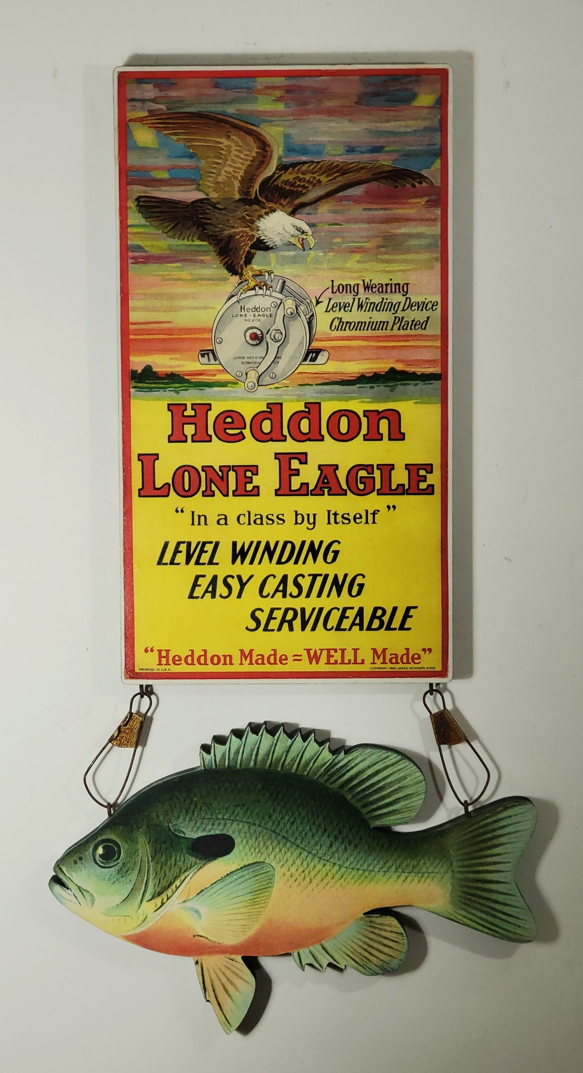 1930 Heddon LONE EAGLE Reel Sign With a 13 1/2 Sunfish - Etsy