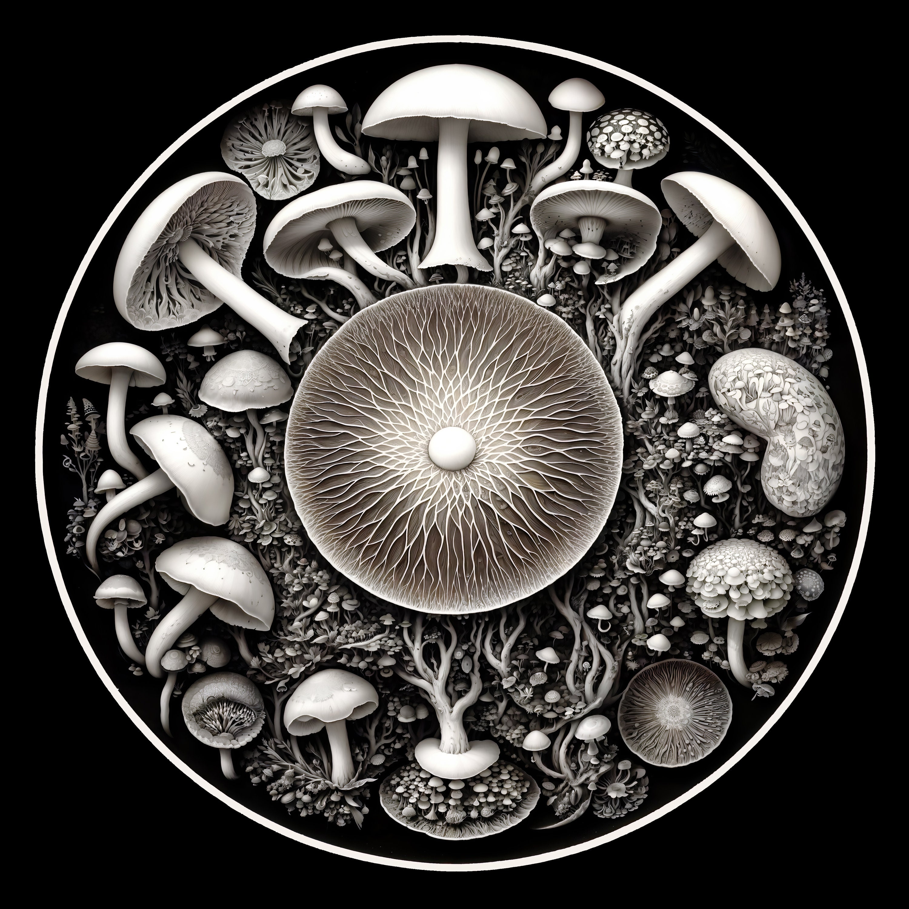Mystic Mycelium: Black and White Mushroom Mandala Unisex T-shirt ...