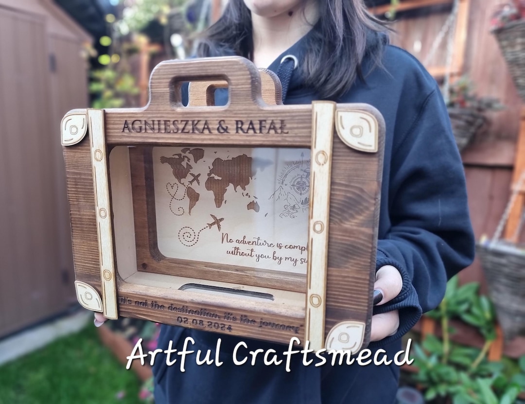 Personalized Wooden Suitcase Piggy Bank – the Perfect Gift for Couples ...