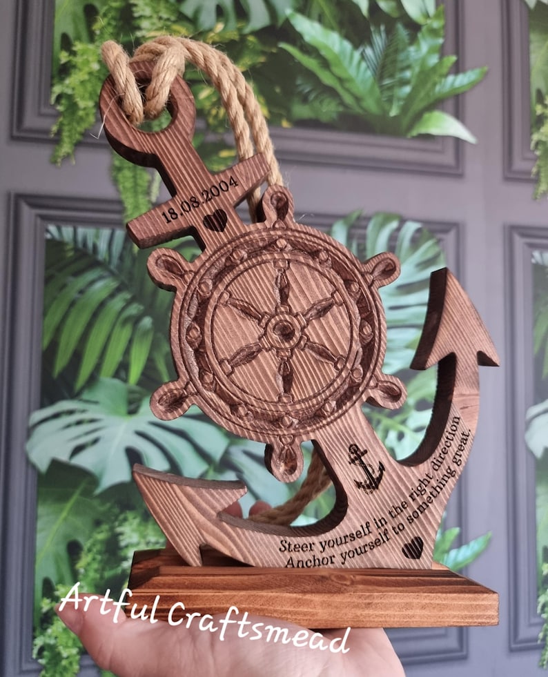 Personalised Wooden Anchor With Ship Wheel | Handmade Nautical Decor ...