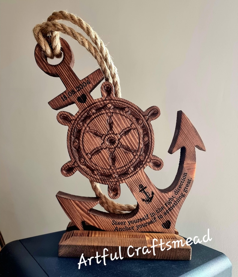 Personalised Wooden Anchor With Ship Wheel | Handmade Nautical Decor ...