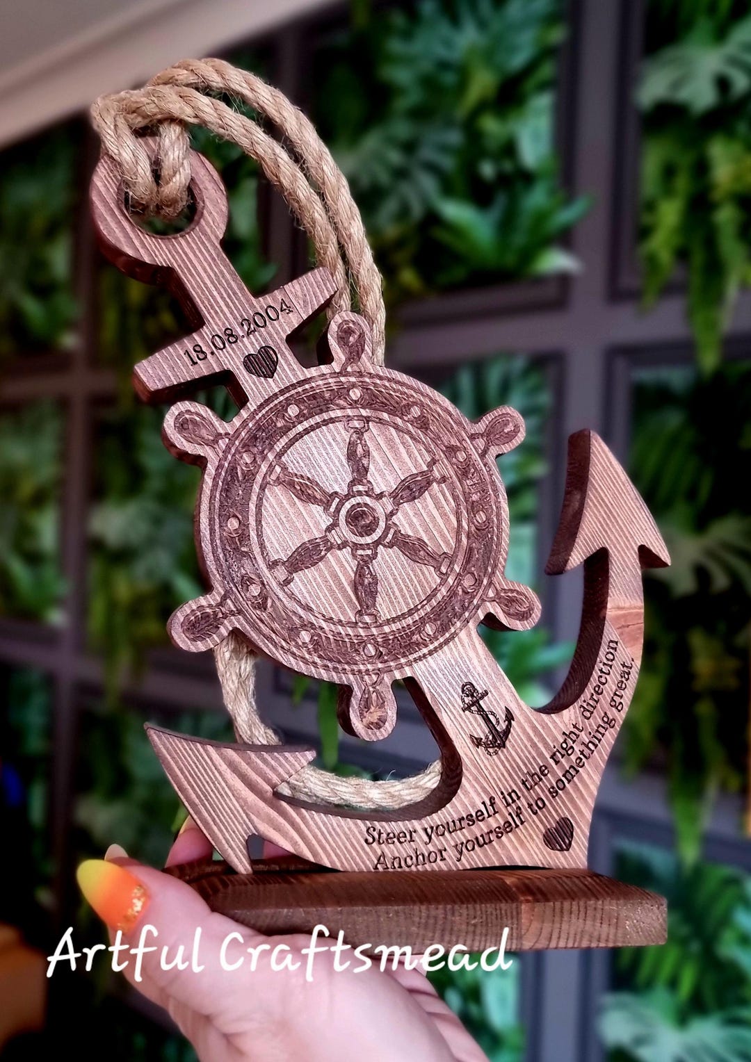 Personalized Wooden Anchor With Helm | Nautical Decor Gift | Solid Pine ...