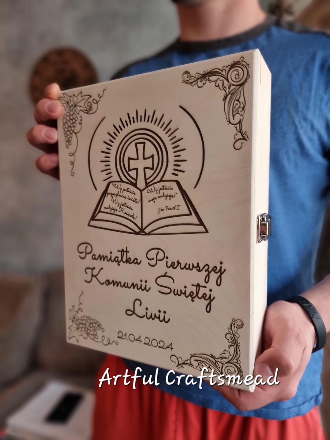 Solid Wood Book Bible Box, Gift for First Holy Communion, Baptism ...
