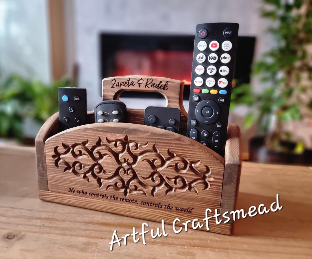 Handcrafted Pine Wood Remote Holder With Ornate Carvings, Remote ...