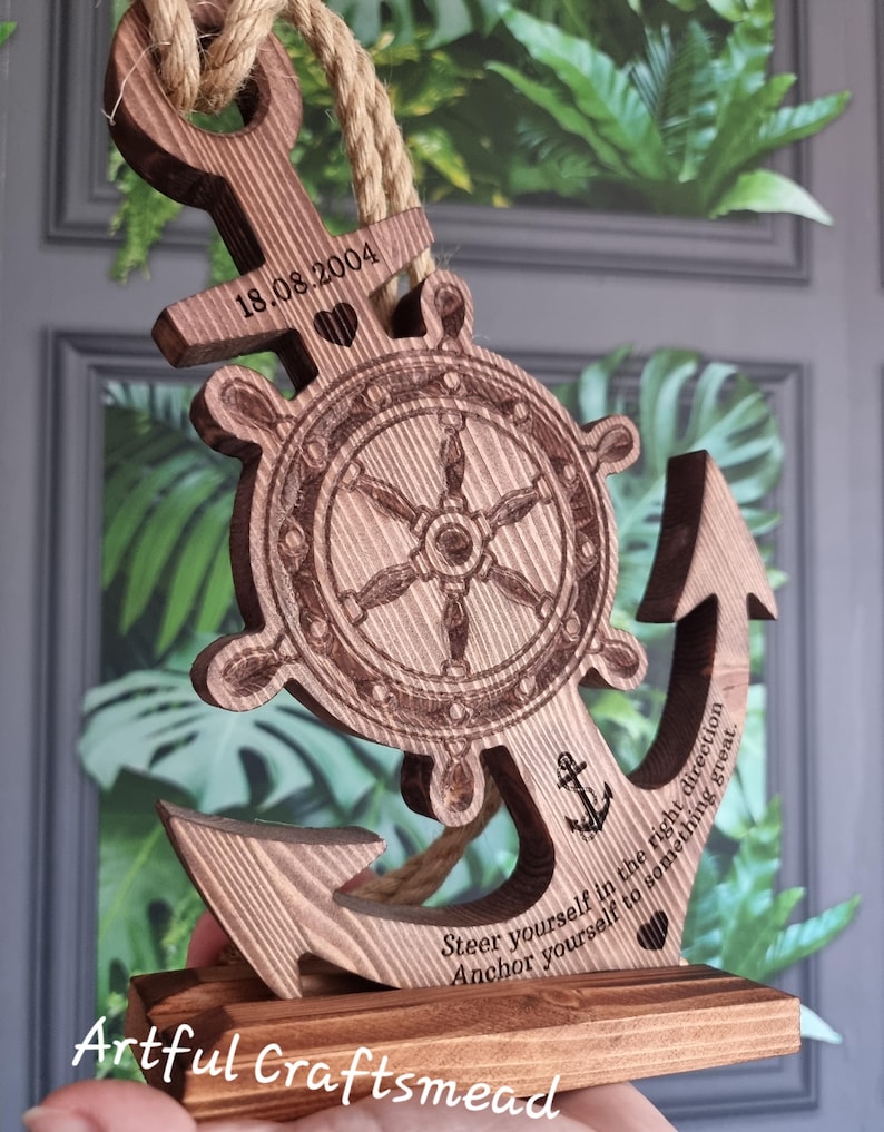 Personalised Wooden Anchor With Ship Wheel | Handmade Nautical Decor ...