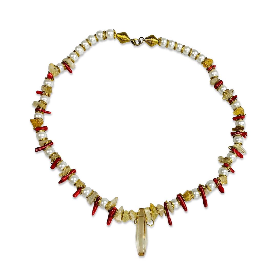 Citrine & Red Coral Beaded Necklace Tooth Necklace Charm Bohemian ...