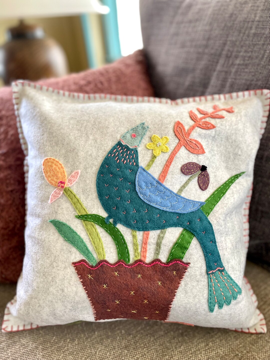 Fancy Bird Felt Pillow ~ Handstitched ~ Embroidery ~ Folkart ...