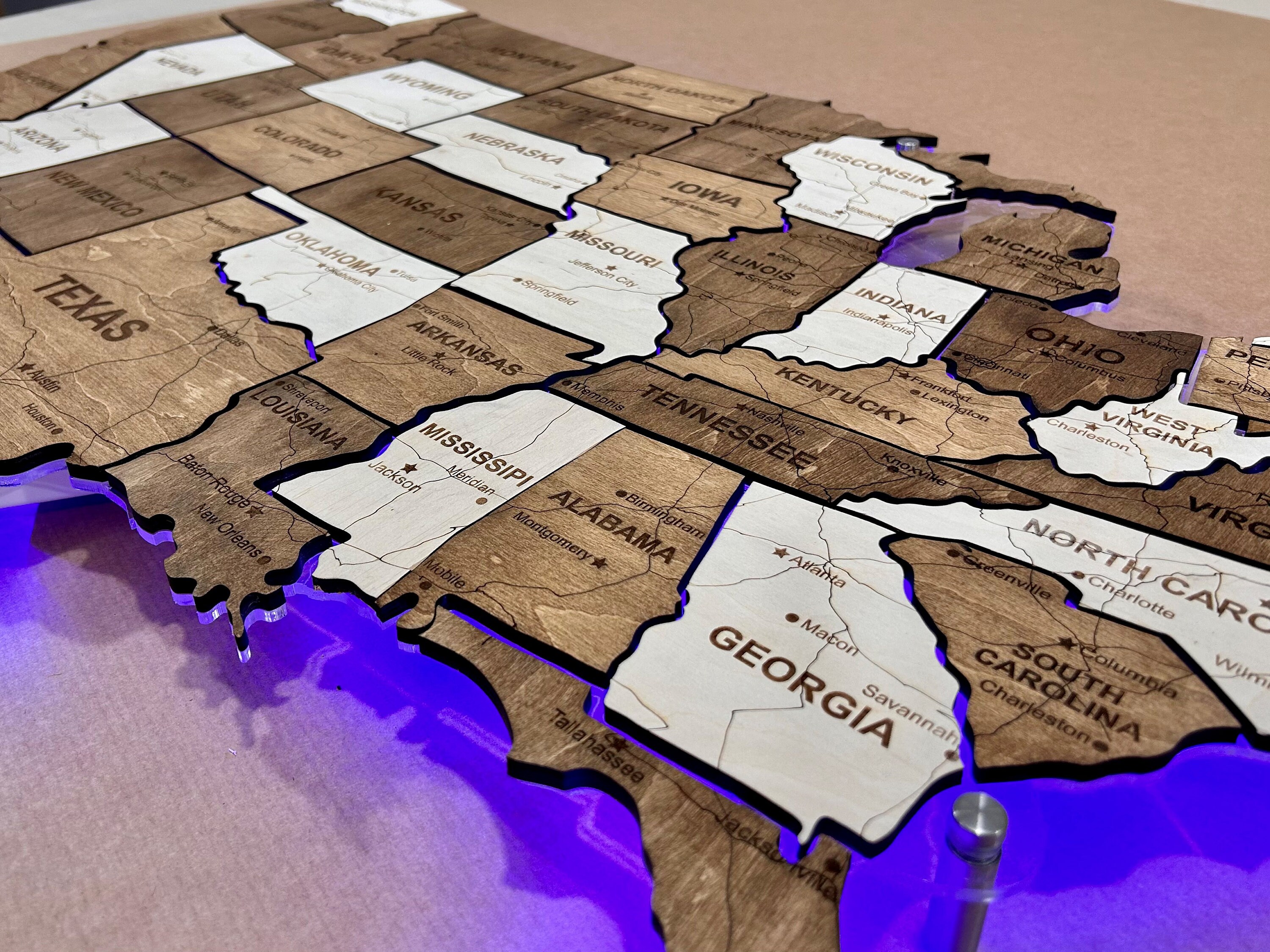 LED Wood USA Map – Turquoise Light up US Wall Map With States, Modern ...