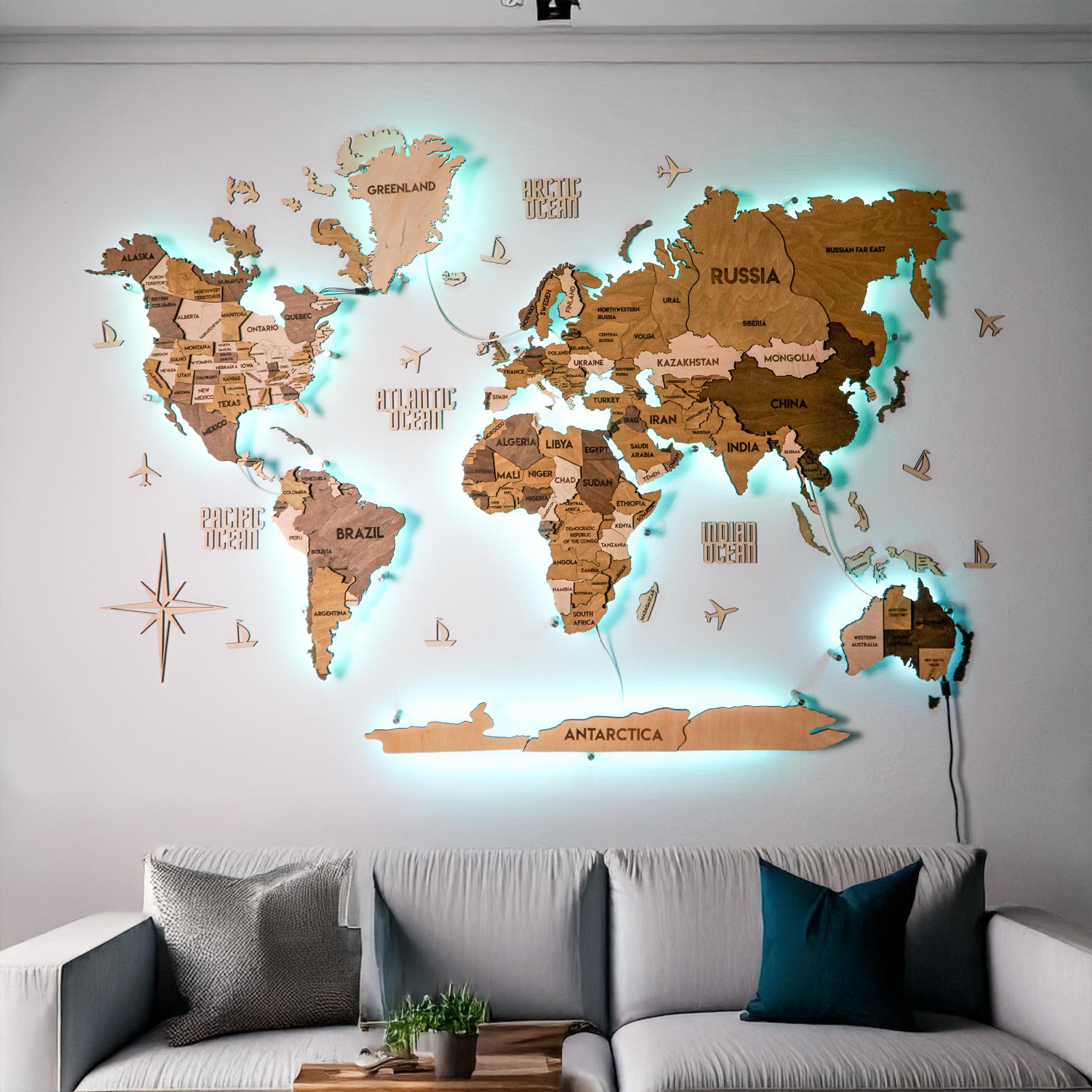 Wooden World Map LED - Light up Wall Map, 3D Wooden Map Decor, LED ...