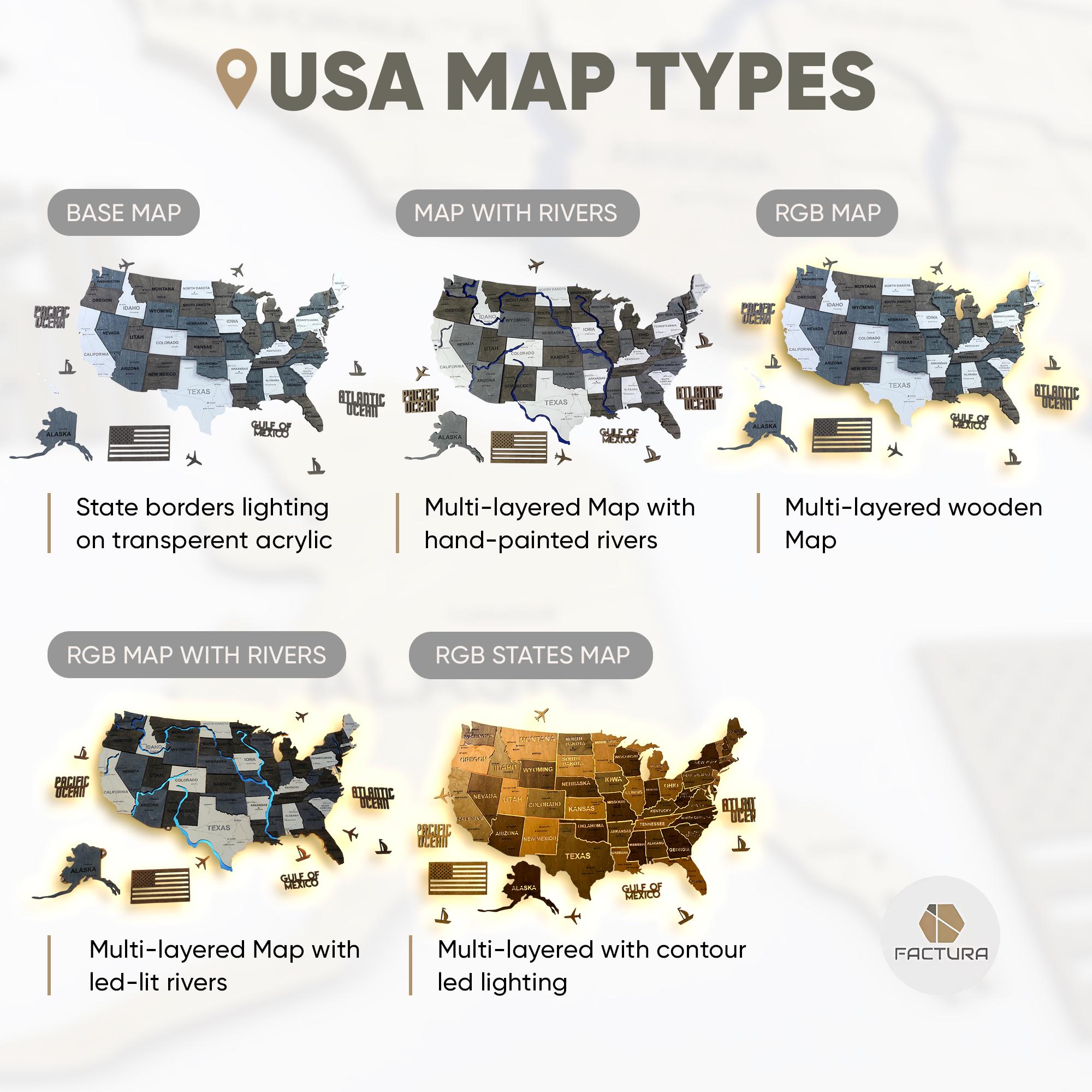 LED Wood USA Map – Turquoise Light up US Wall Map With States, Modern ...
