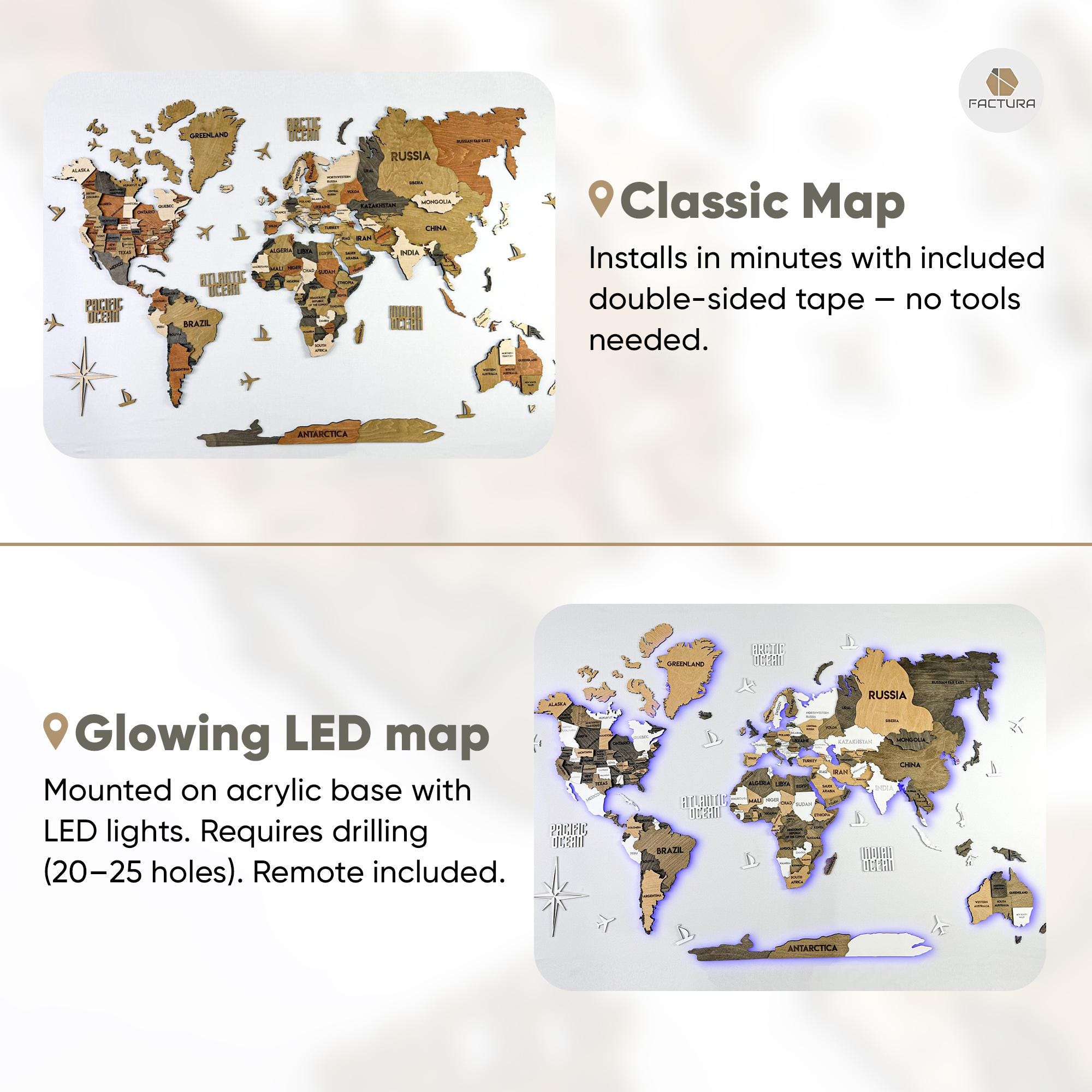 Illuminated Wooden World Map – 3D Wall Decor With LED Backlight ...