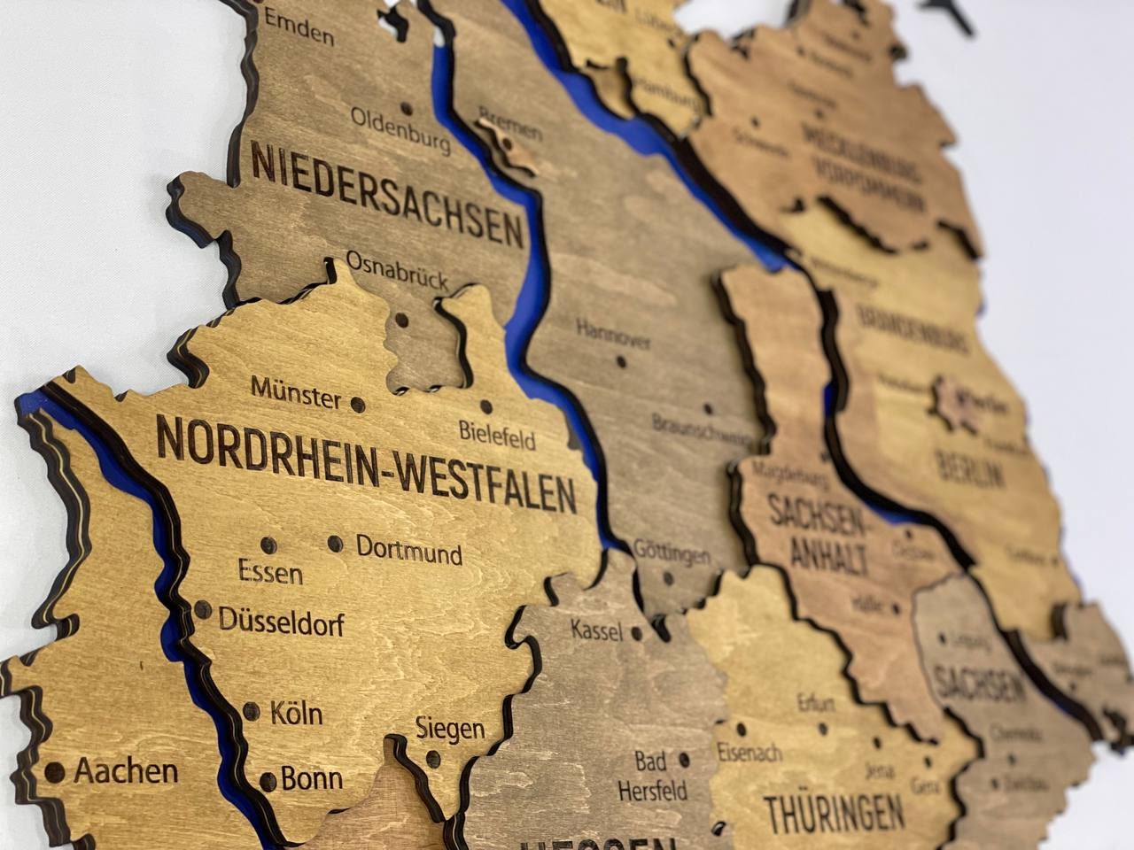 Wooden Map of Germany With Rivers - 3D Multilayer Dark Nut Wall Decor ...
