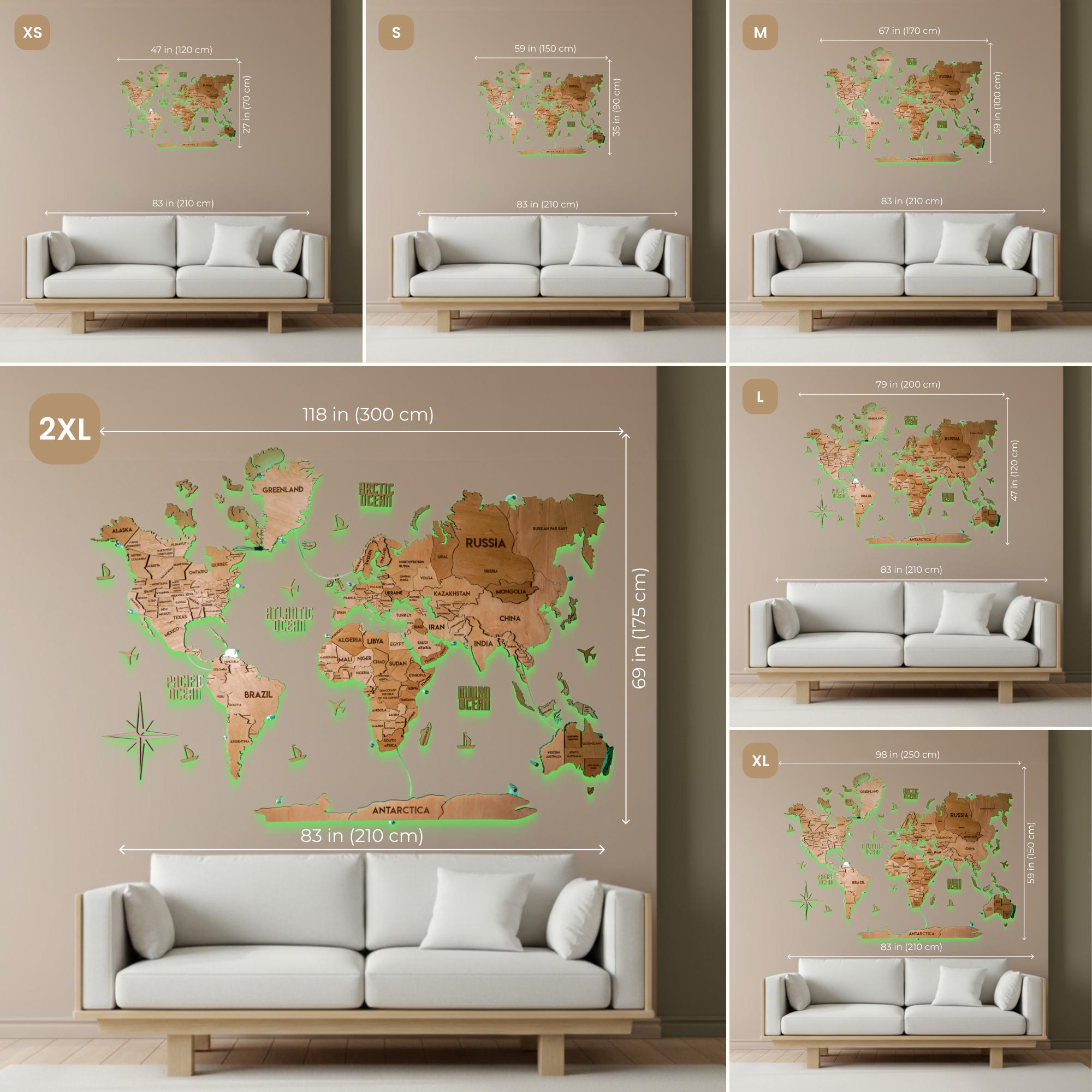 Wooden World Map With LED Backlight - 3D Wall Map Decor, Light up ...