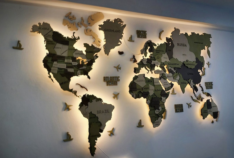 Wooden World Map With Warm LED Light – 3D Wall Map Decor for Home or ...