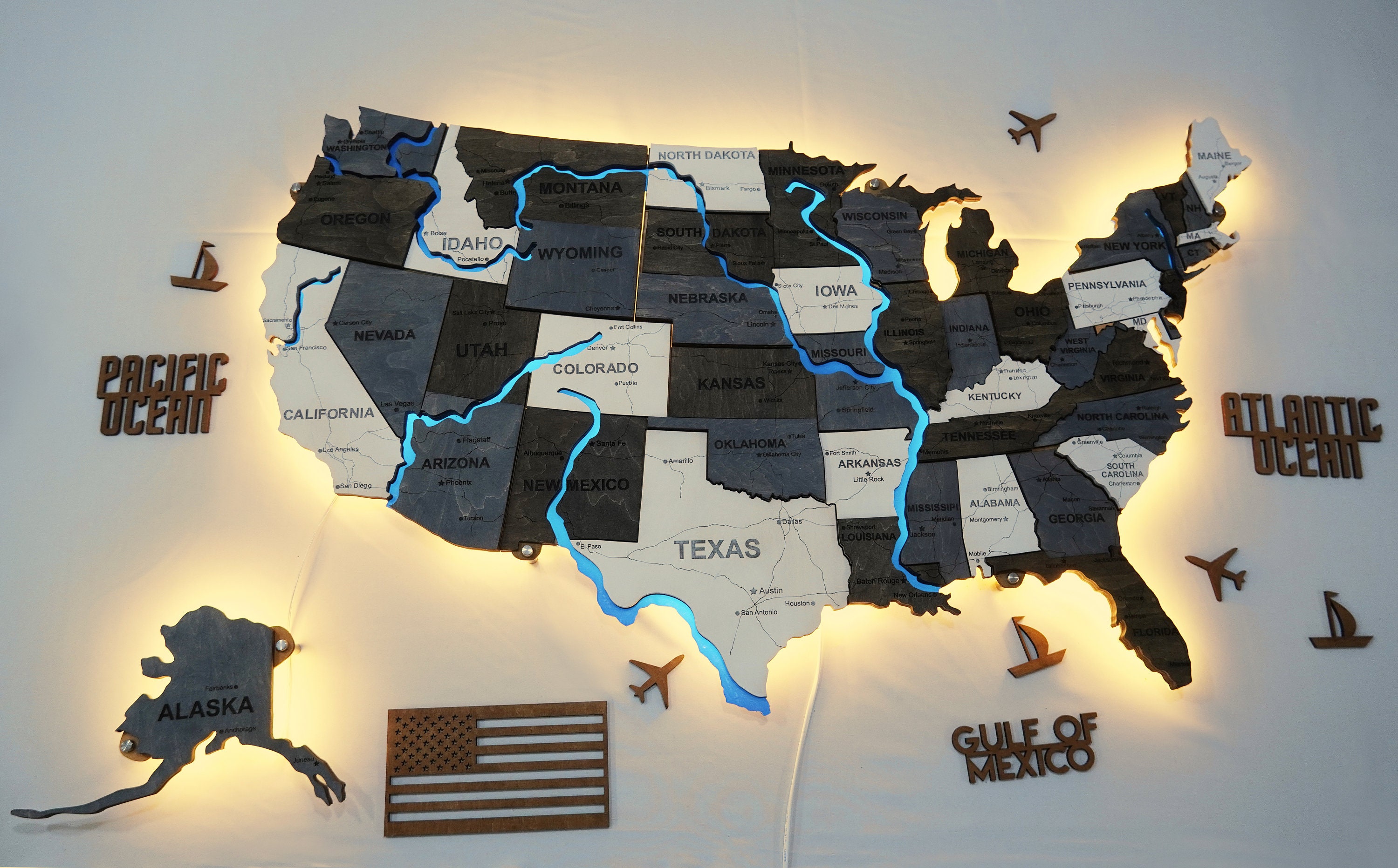 Wooden USA Map With LED Lights, Large Push Pin Map for Wall Decor, Home ...