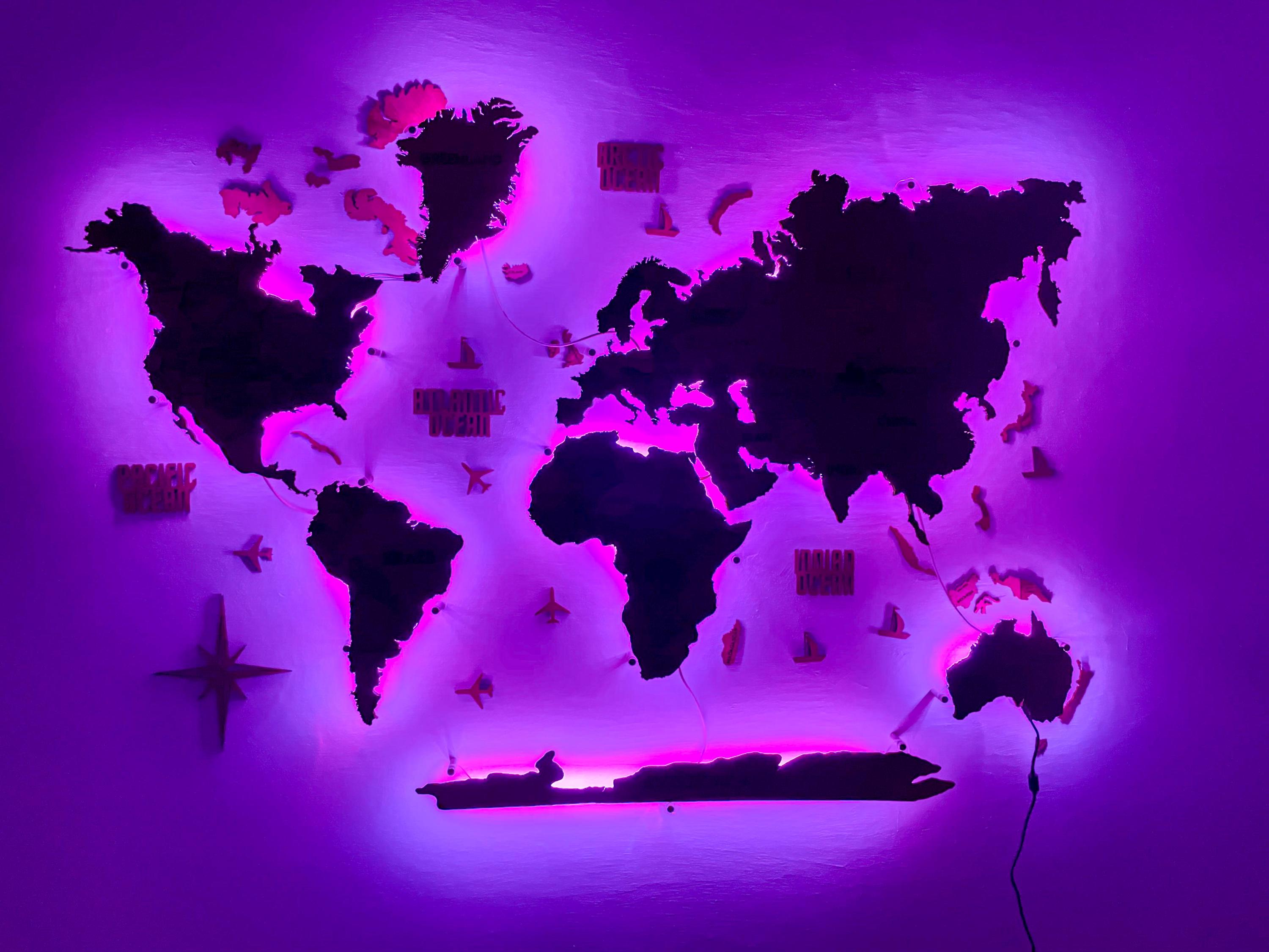 XXL Light-up Wooden World Map With LED Backlight – 3D Wall Art Decor ...