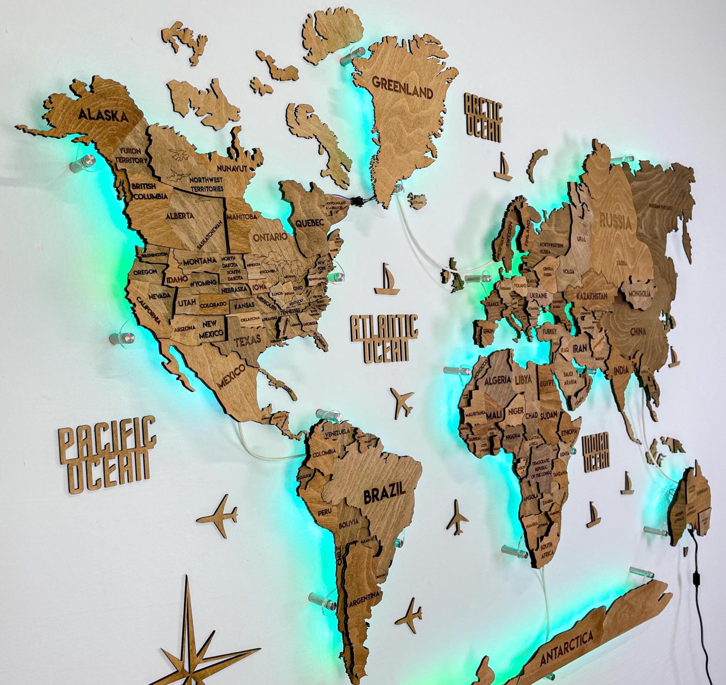 Wooden World Map LED - Light up Wall Map, 3D Wooden Map Decor, LED ...