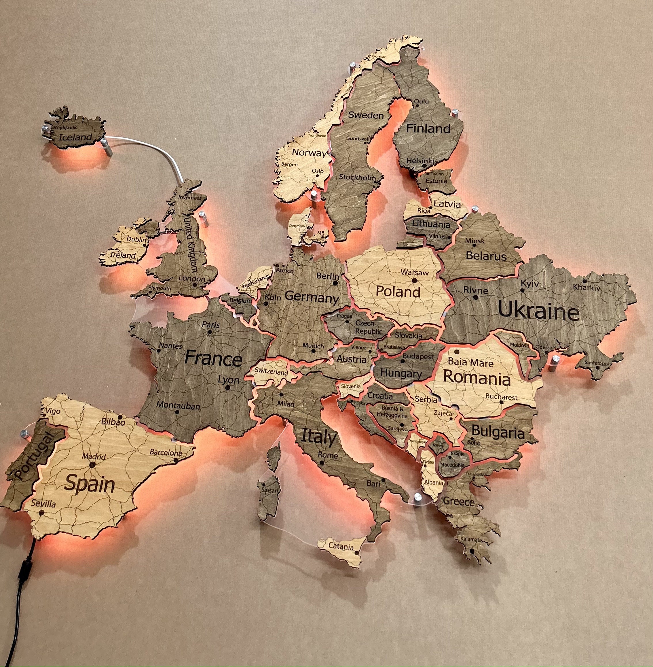 Map of Europe on Acrylic, Map With Roads and Illumination Between ...