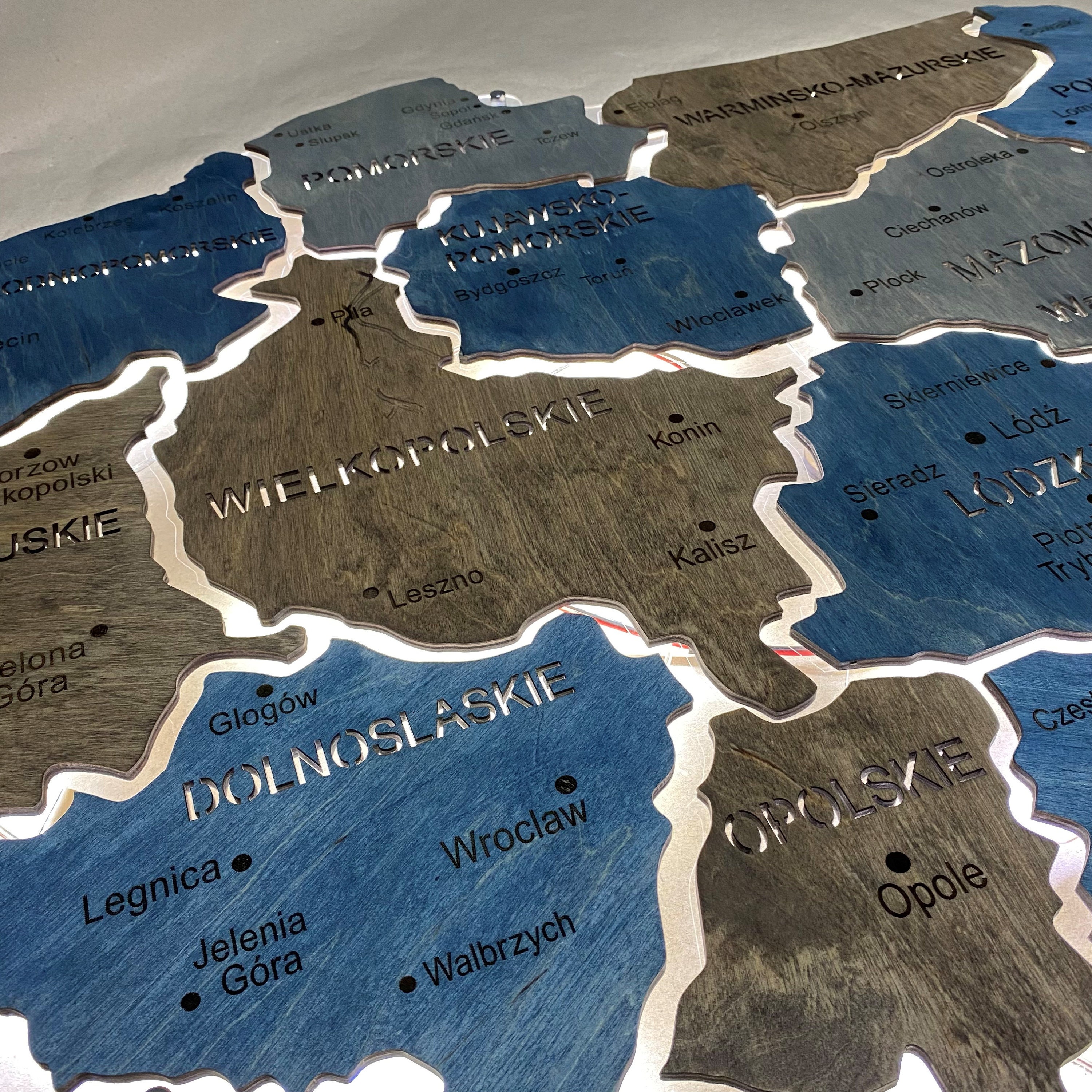 Map of Poland on Acrylic, Map With Illumination Between Areas lodz ...