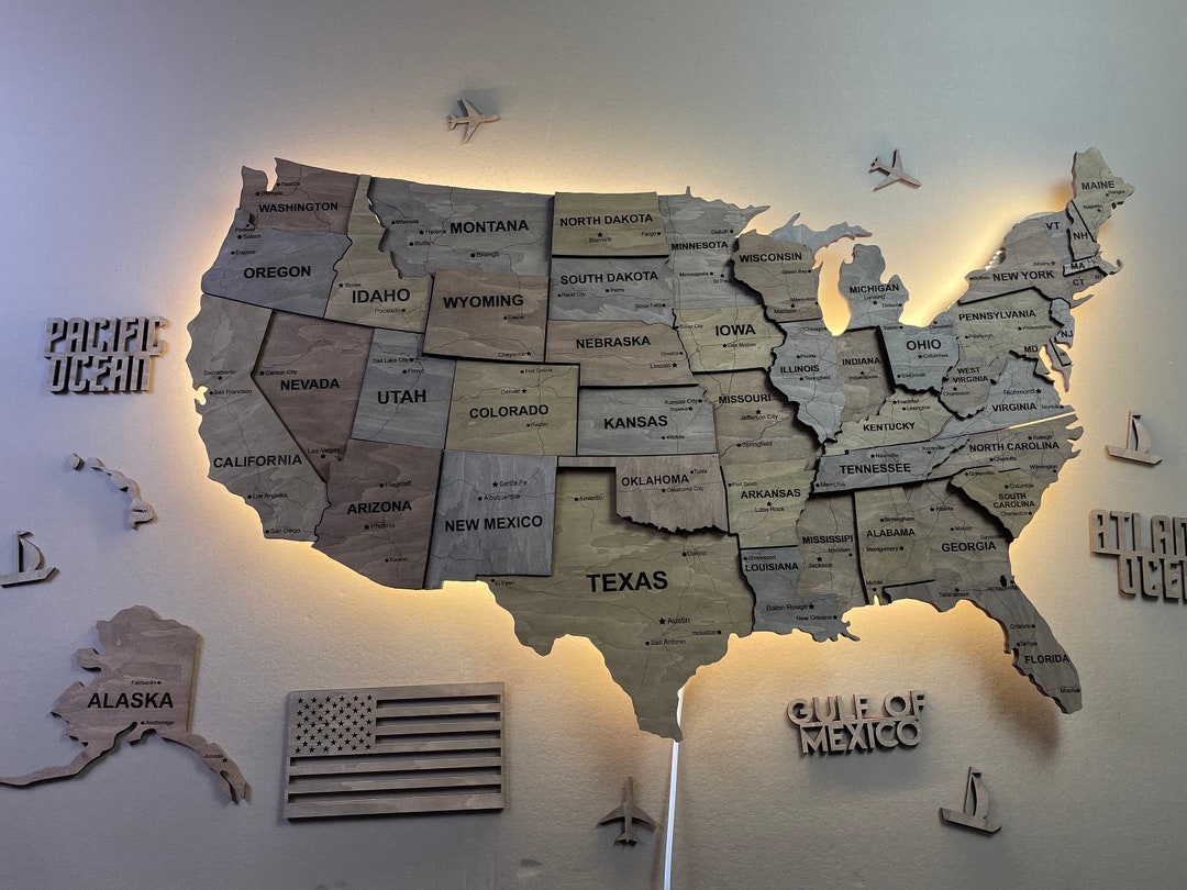 USA Wall Map LED, Wall Map Mural Oversized, USA Travel Map, Wood Wall Map Art, 3D Wall Map With ...