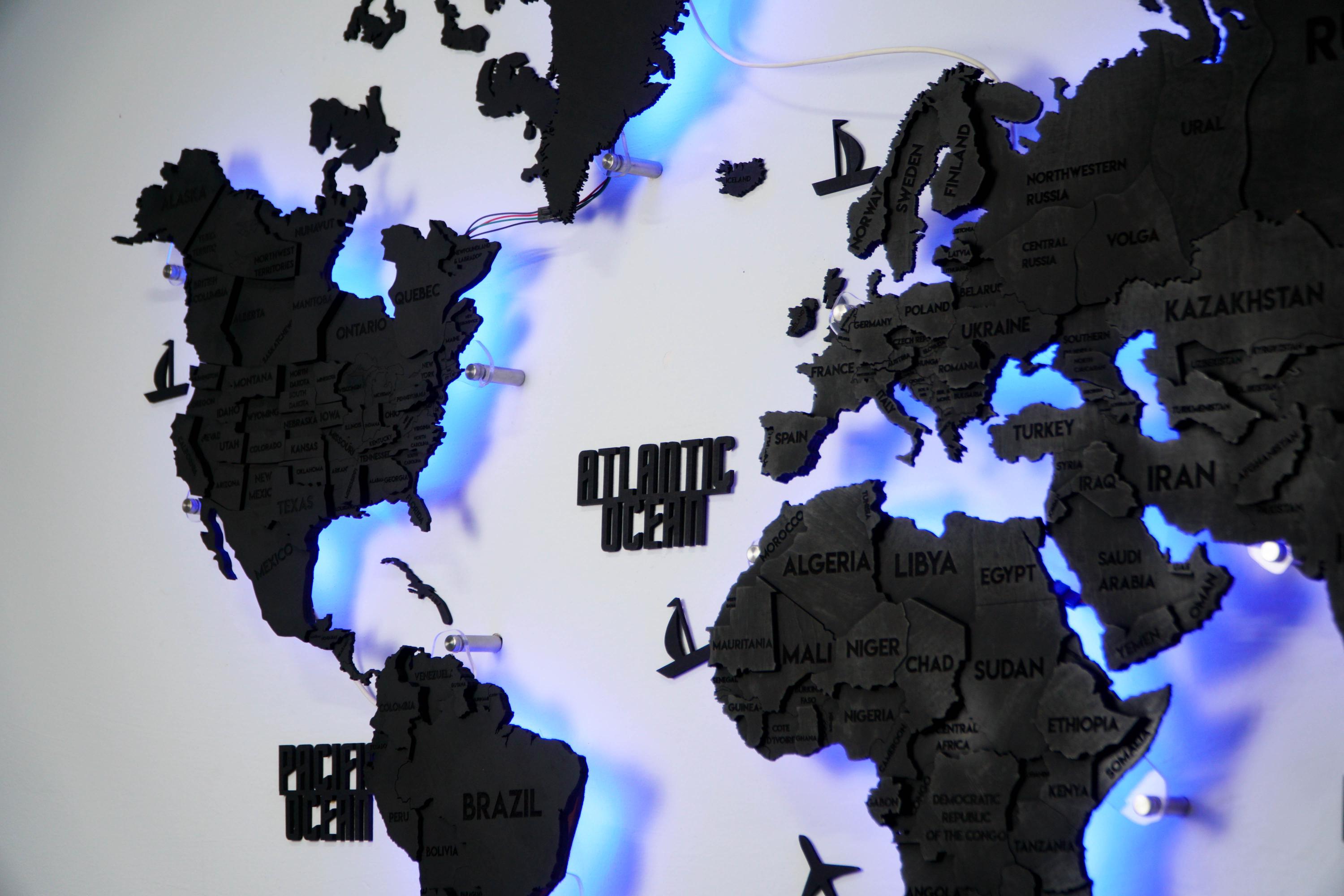 Black Wooden World Map With Blue LED Backlight – 3D Wall Map Art, Light ...