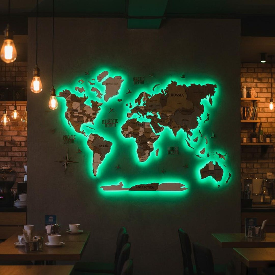 Wooden World Map With LED Backlight - 3D Wall Art for Home, Office ...