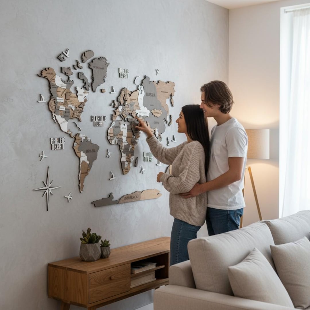 Wooden World Map With LED Backlight - 3D Lighted Wall Map for Modern ...