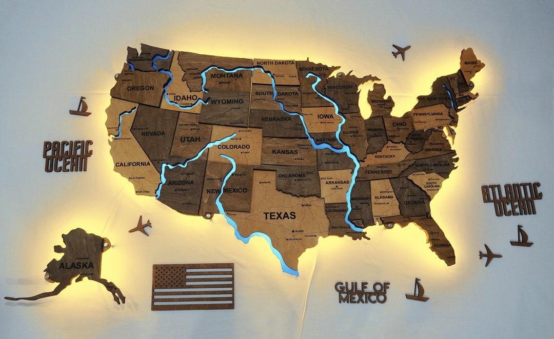 USA Acrylic Map With Rivers, Wood World Map, 3D Wall Decor, Wall Art ...