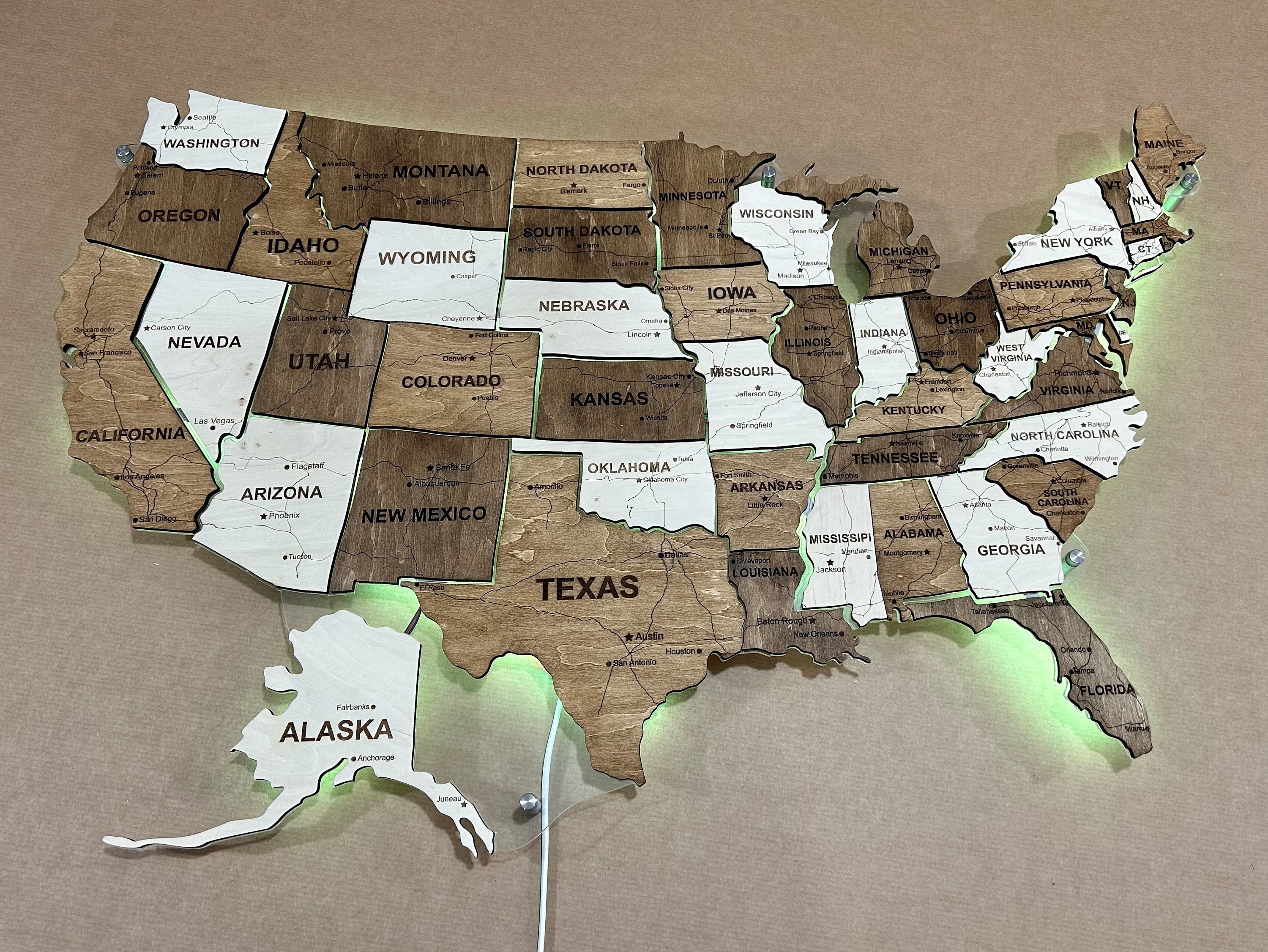 LED Wood USA Map – Turquoise Light up US Wall Map With States, Modern ...