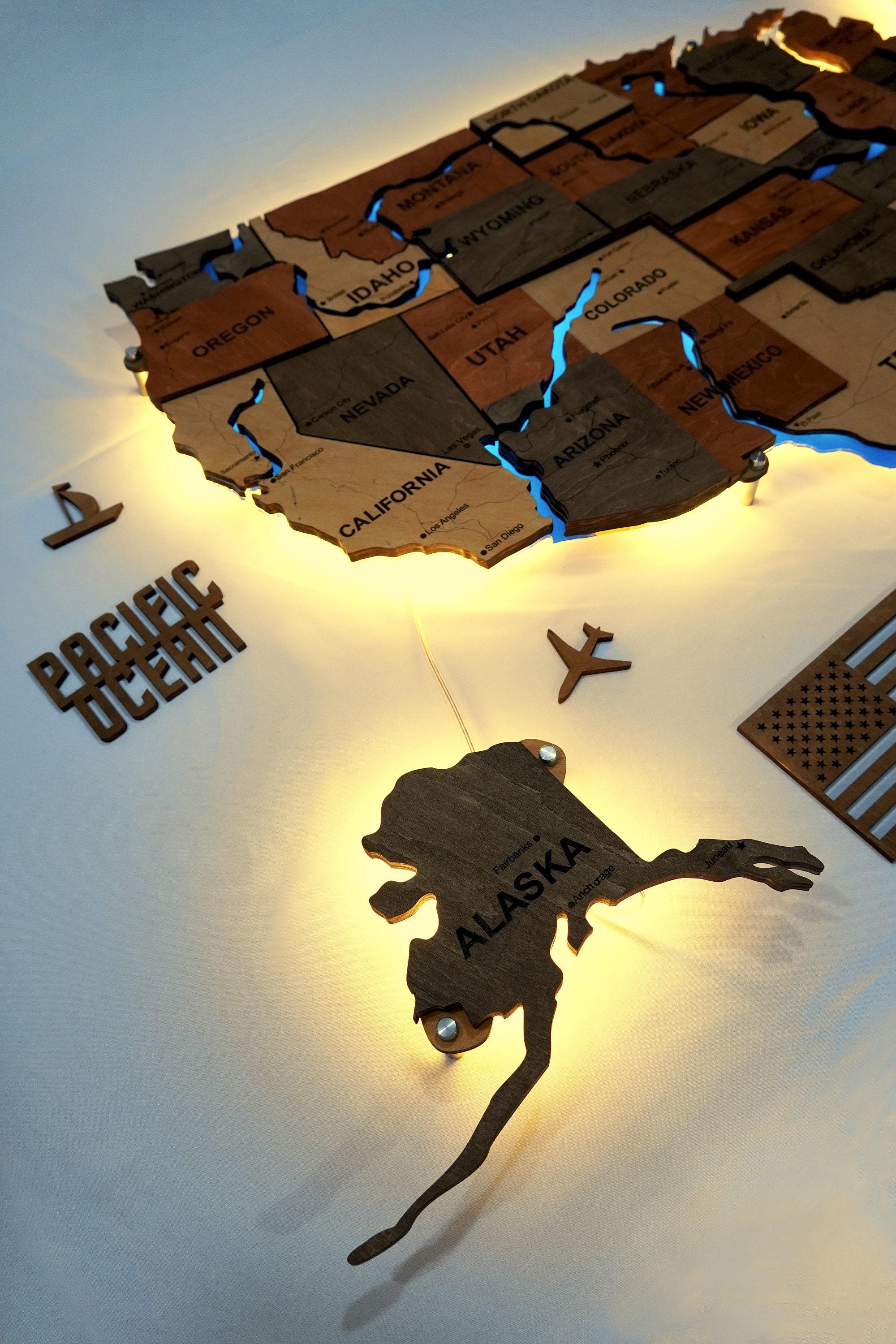Wooden USA Map With LED Lights, Travel Tracker Wall Art, Custom Map for ...