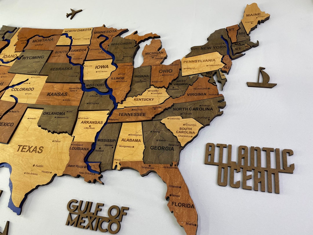 Wooden USA Map With Rivers and Roads, Color Warm, Wooden Travel Map, 3D ...