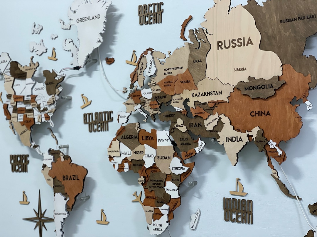 Levitating Wooden World Map, LED Wall Map With Push Pin Travel Feature ...