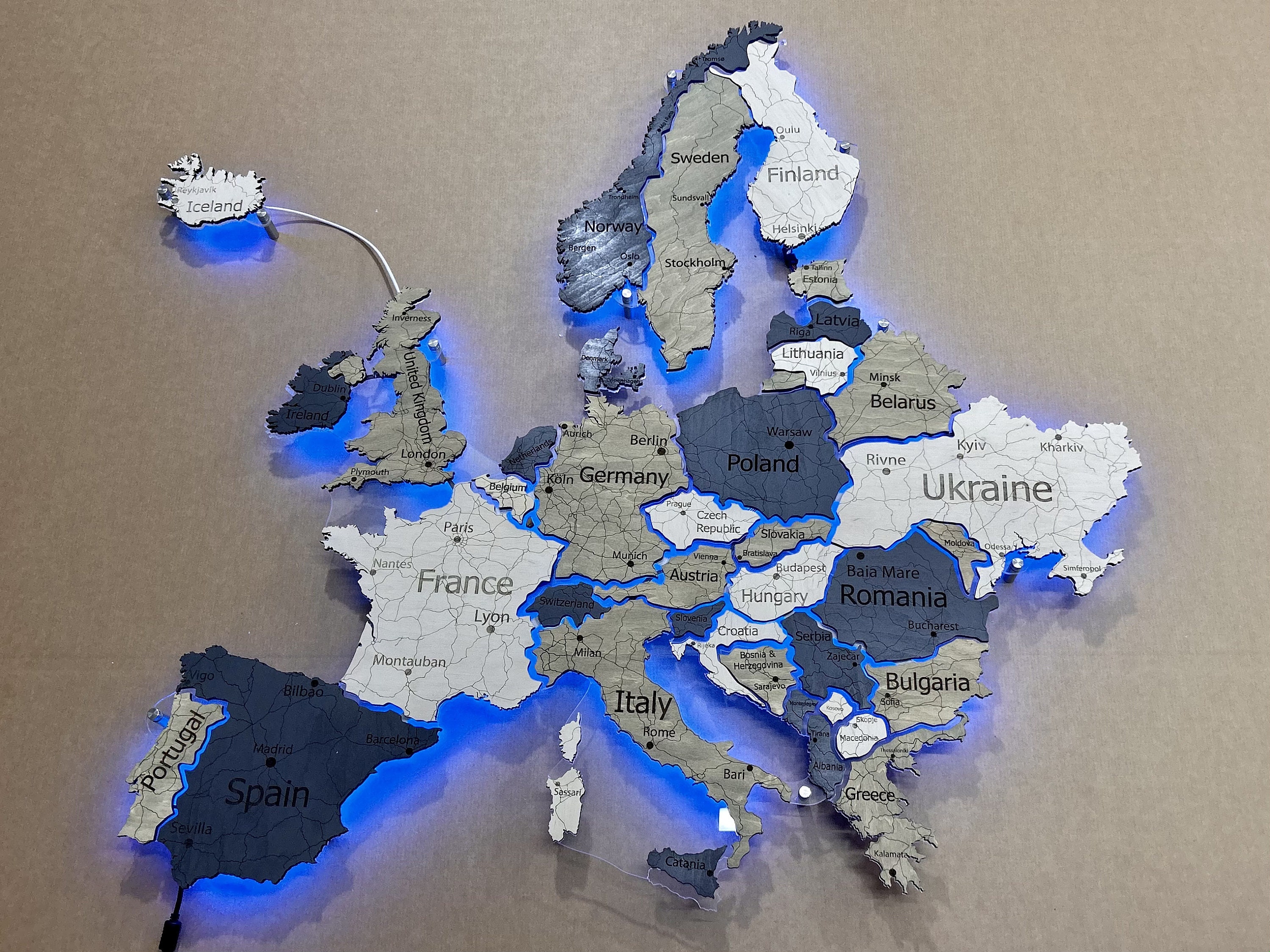 Map of Europe on Acrylic, Map With Roads and Illumination Between ...