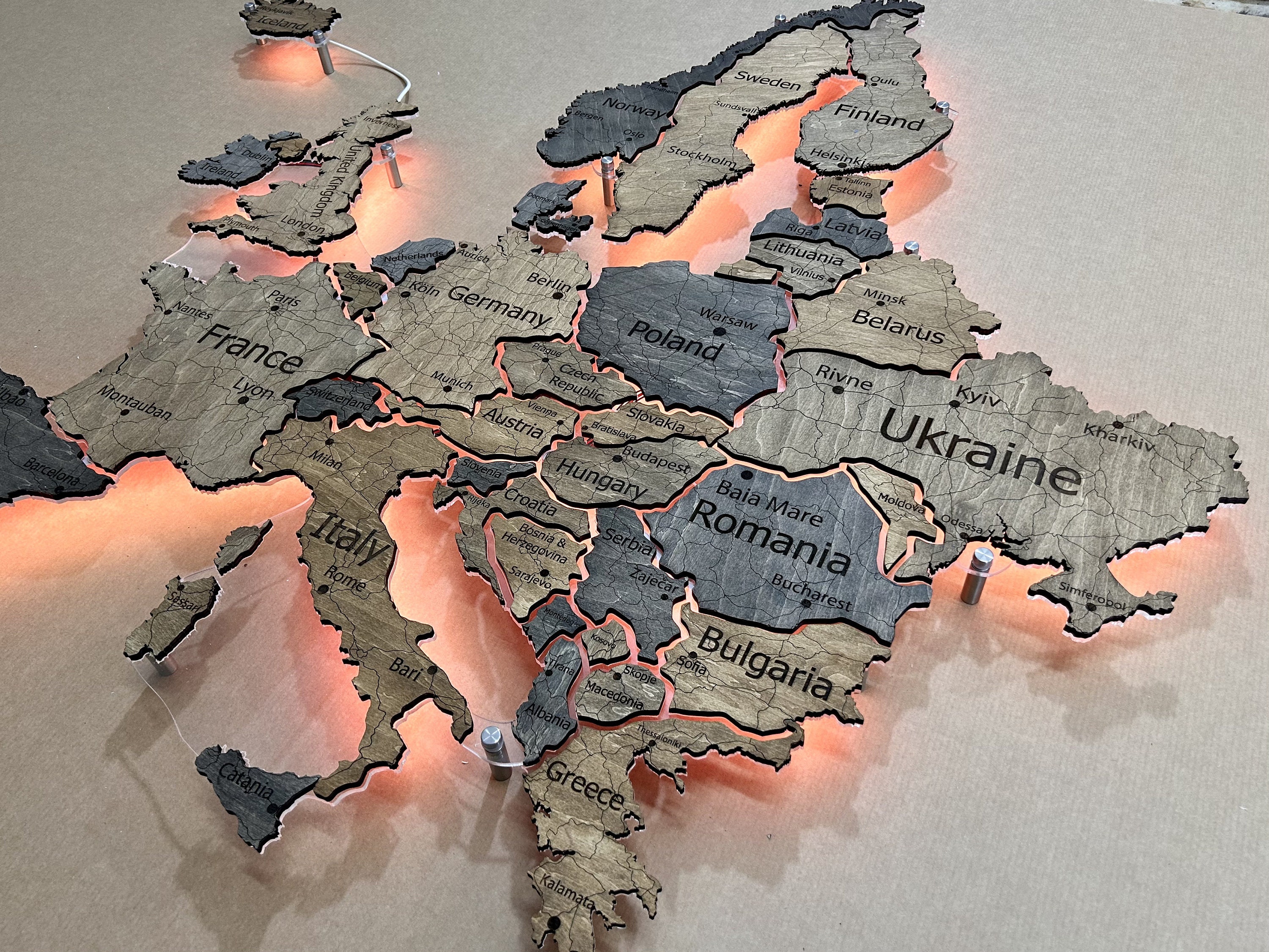 Map of Europe on Acrylic, Map With Roads and Illumination Between ...