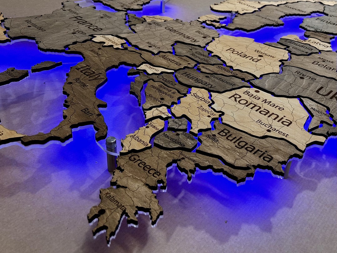Wooden Wall Map of Europe With LED Backlighting, Laser Cut Map With ...