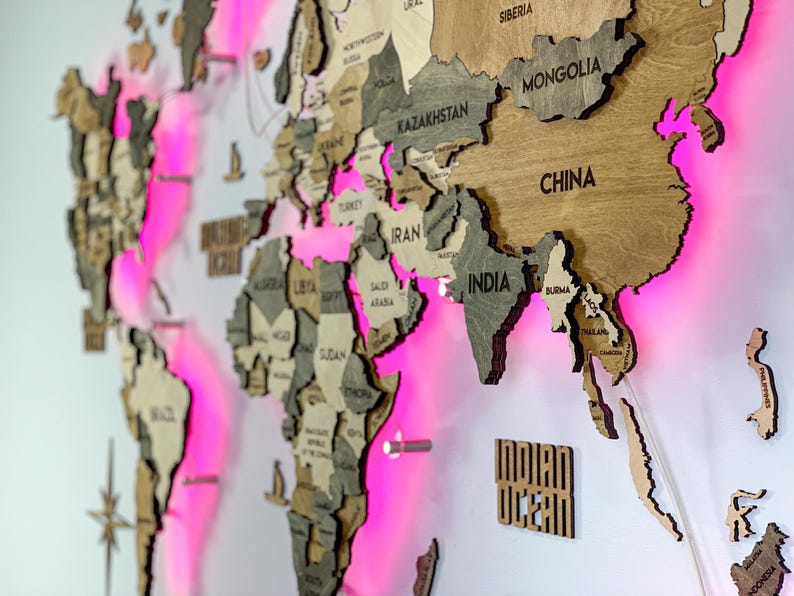 Wooden World Map With LED Backlight - 3D Wall Map Decor, Light up ...