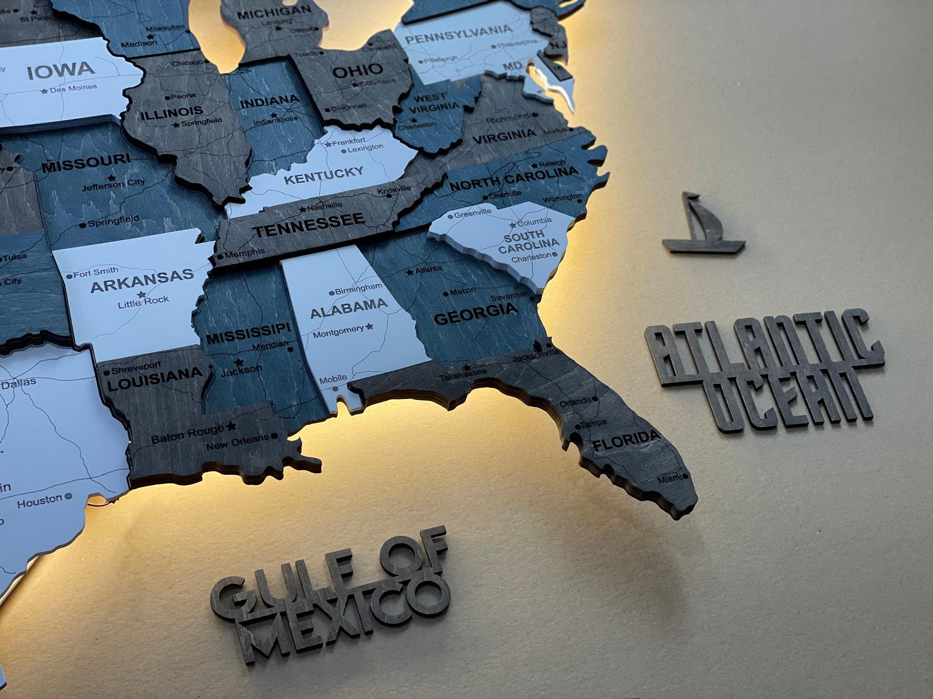 3D Wooden USA Map LED Backlight – United States Wall Art With States ...