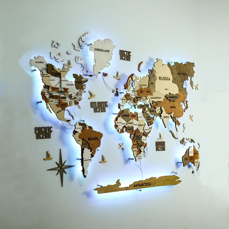 Levitating Wooden World Map, LED Wall Map With Push Pin Travel Feature, Perfect Wall Decoration ...