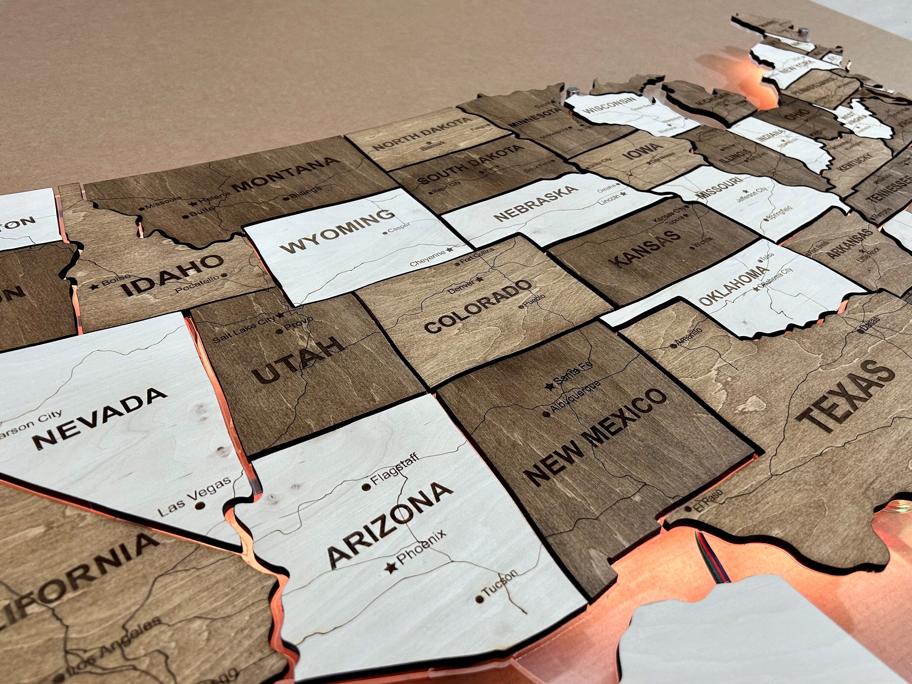 LED Wood USA Map – Turquoise Light up US Wall Map With States, Modern ...