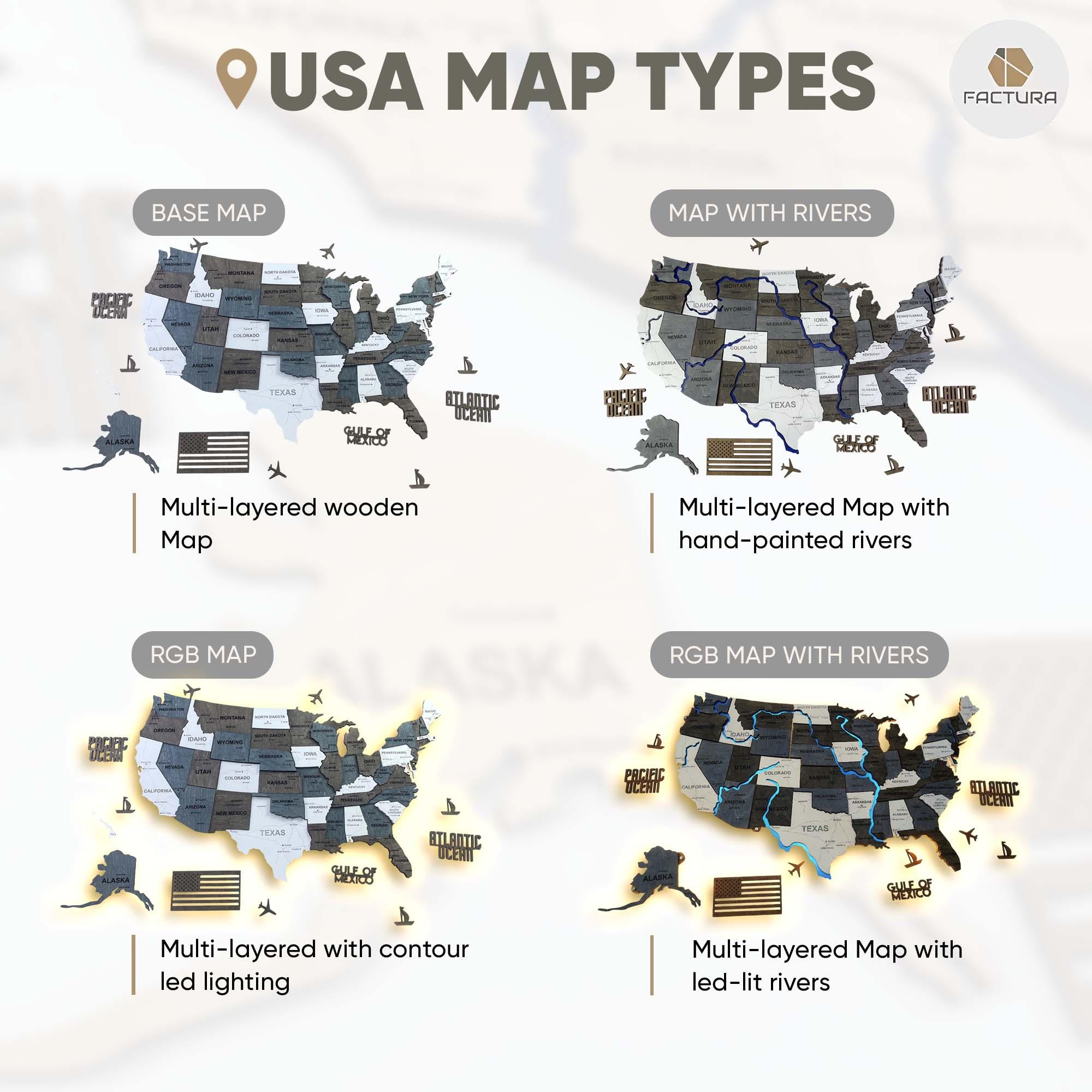 3D Wooden USA Map LED Backlight – United States Wall Art With States ...