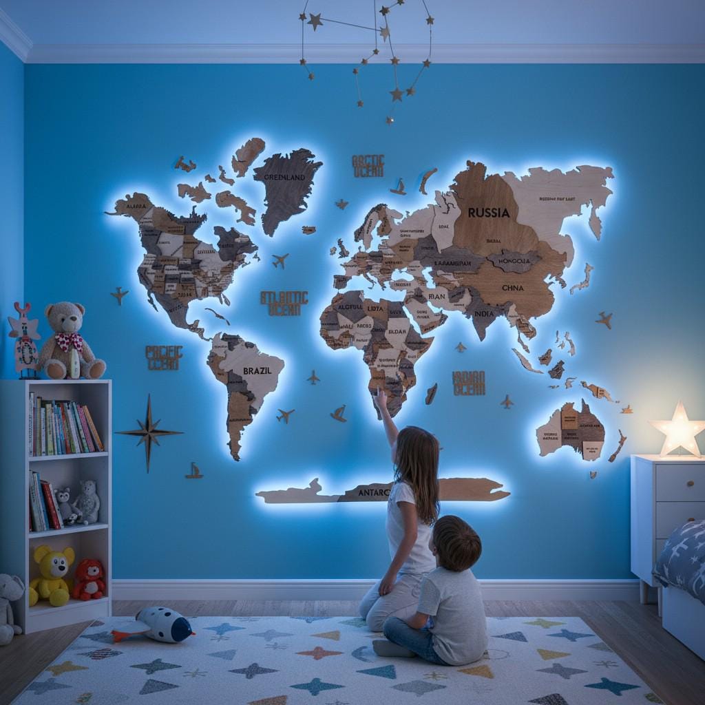 Wooden World Map With LED Backlight - 3D Wall Map Decor, Light up ...
