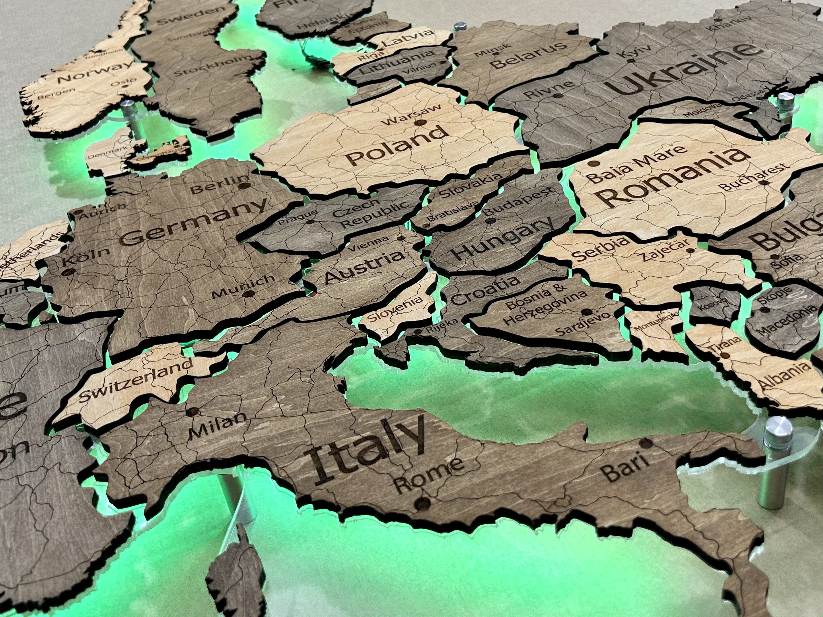 Map of Europe on Acrylic, Map With Roads and Illumination Between ...